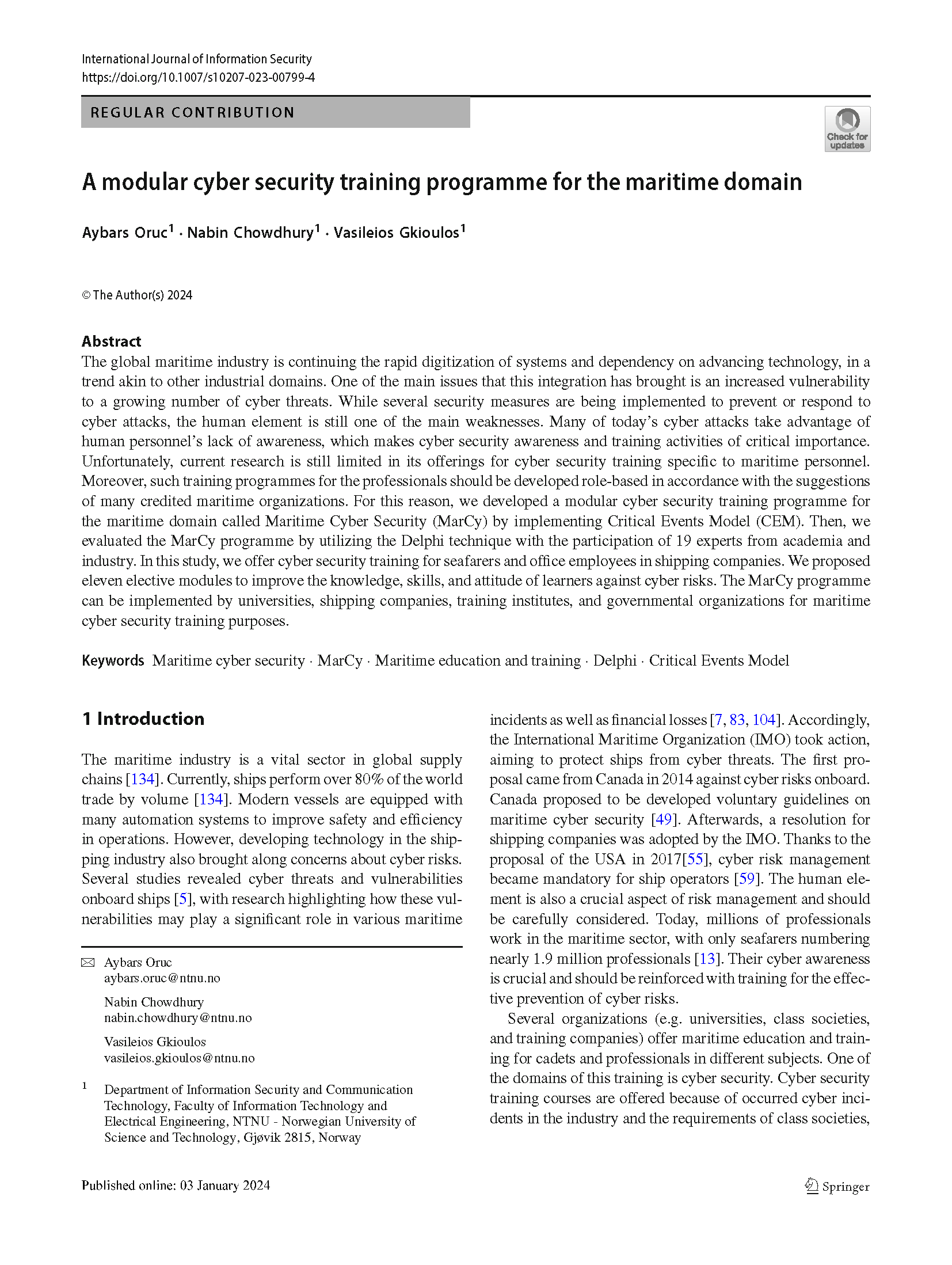 A Modular Cyber Security Training Programme for the Maritime Domain ...